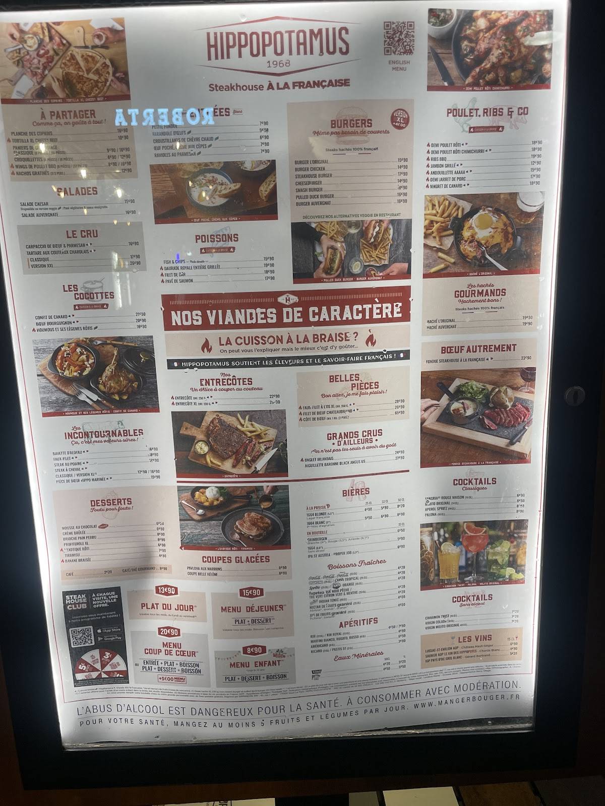 Menu au Hippopotamus Steakhouse, Paris, 27/29 Cour Saint-emilion