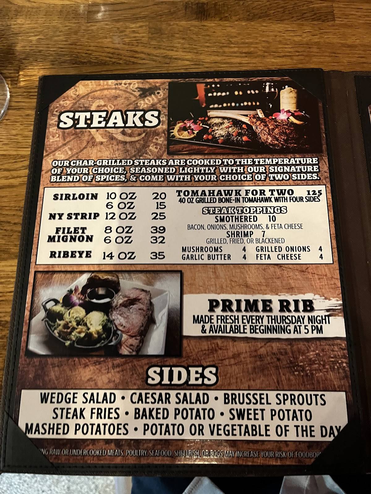 Menu at Kane's Cattle Co. steakhouse, Crystal River