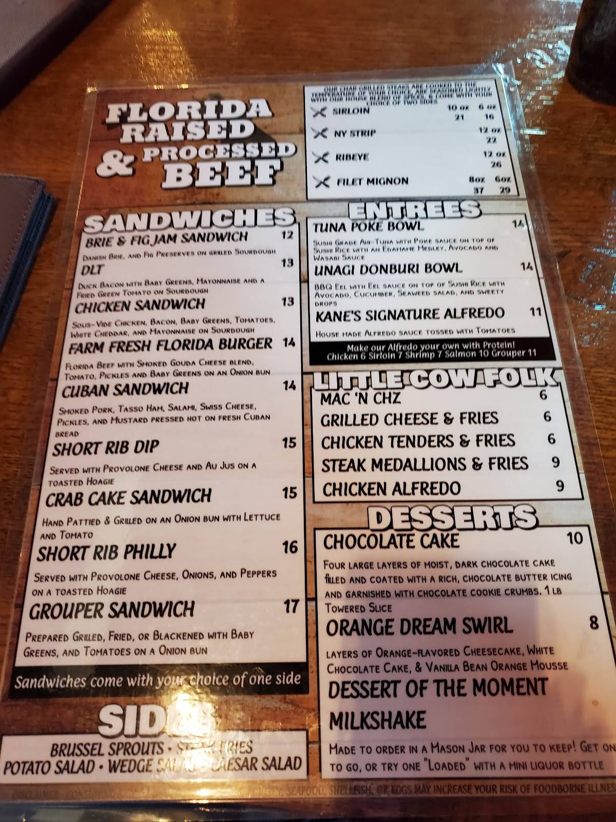 Menu at Kane's Cattle Co. steakhouse, Crystal River
