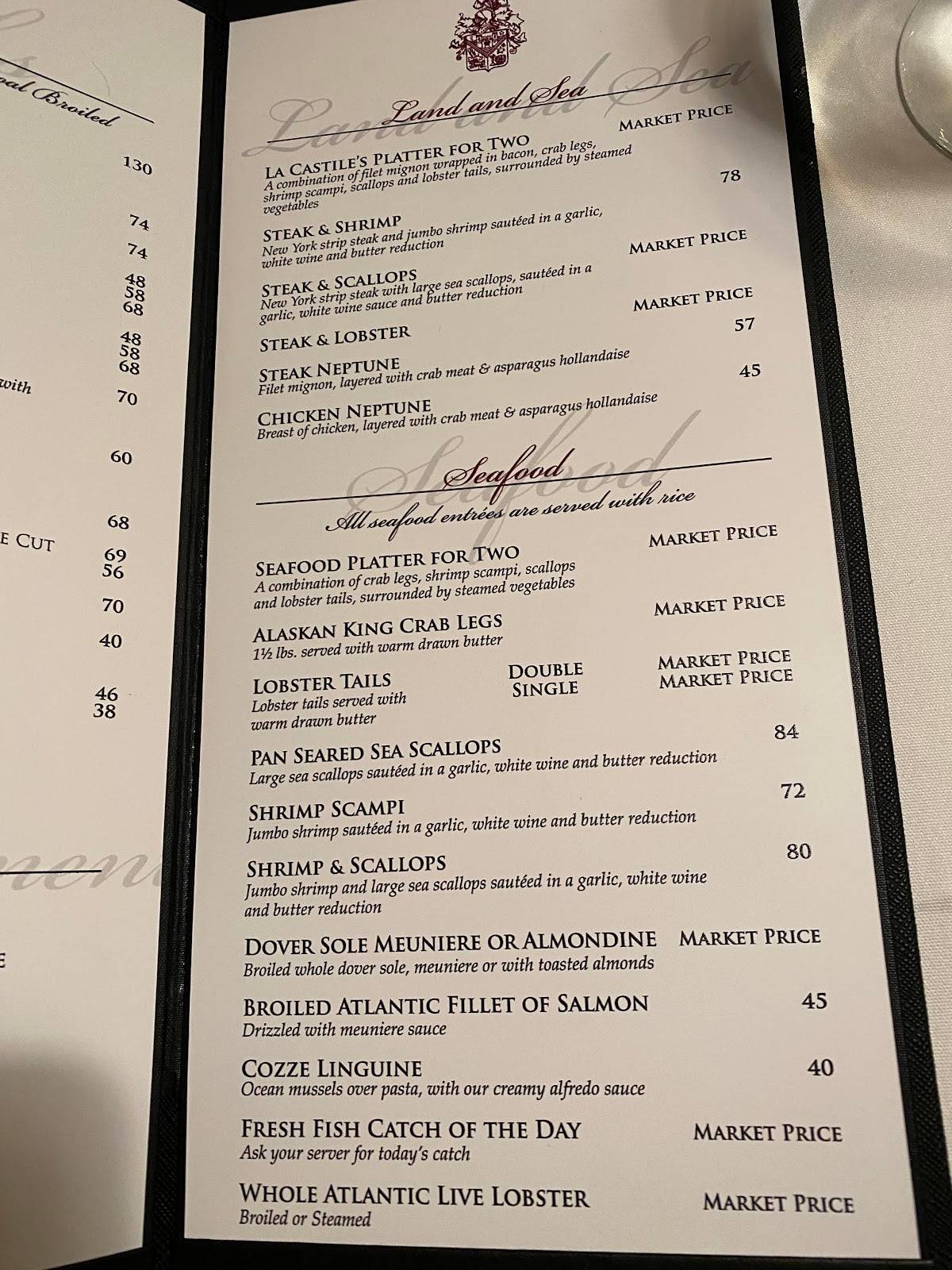 Menu at La Castile steakhouse, Mississauga