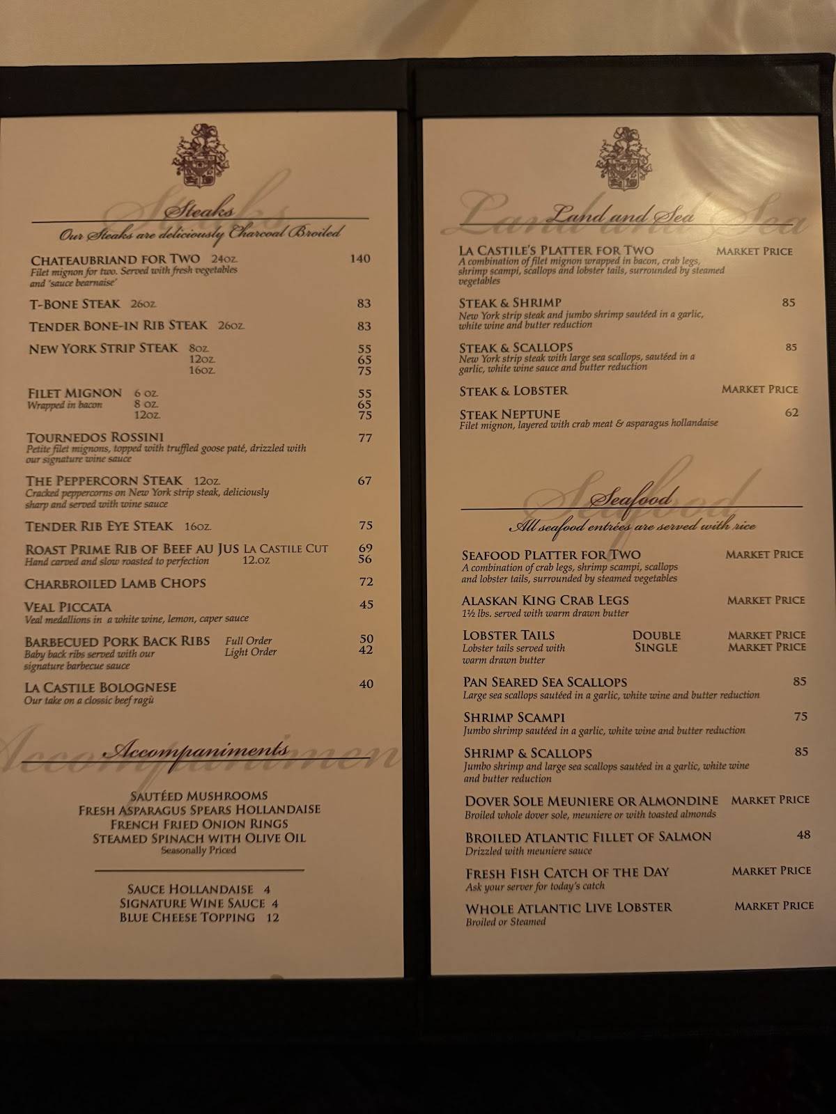 Menu at La Castile steakhouse, Mississauga