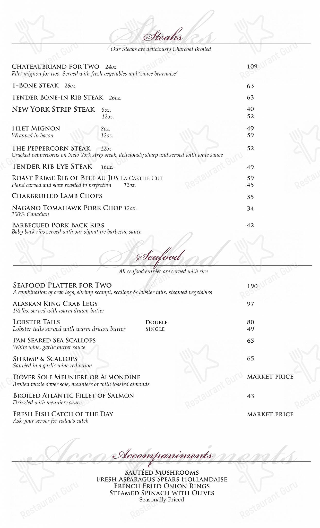 Menu at La Castile steakhouse, Mississauga