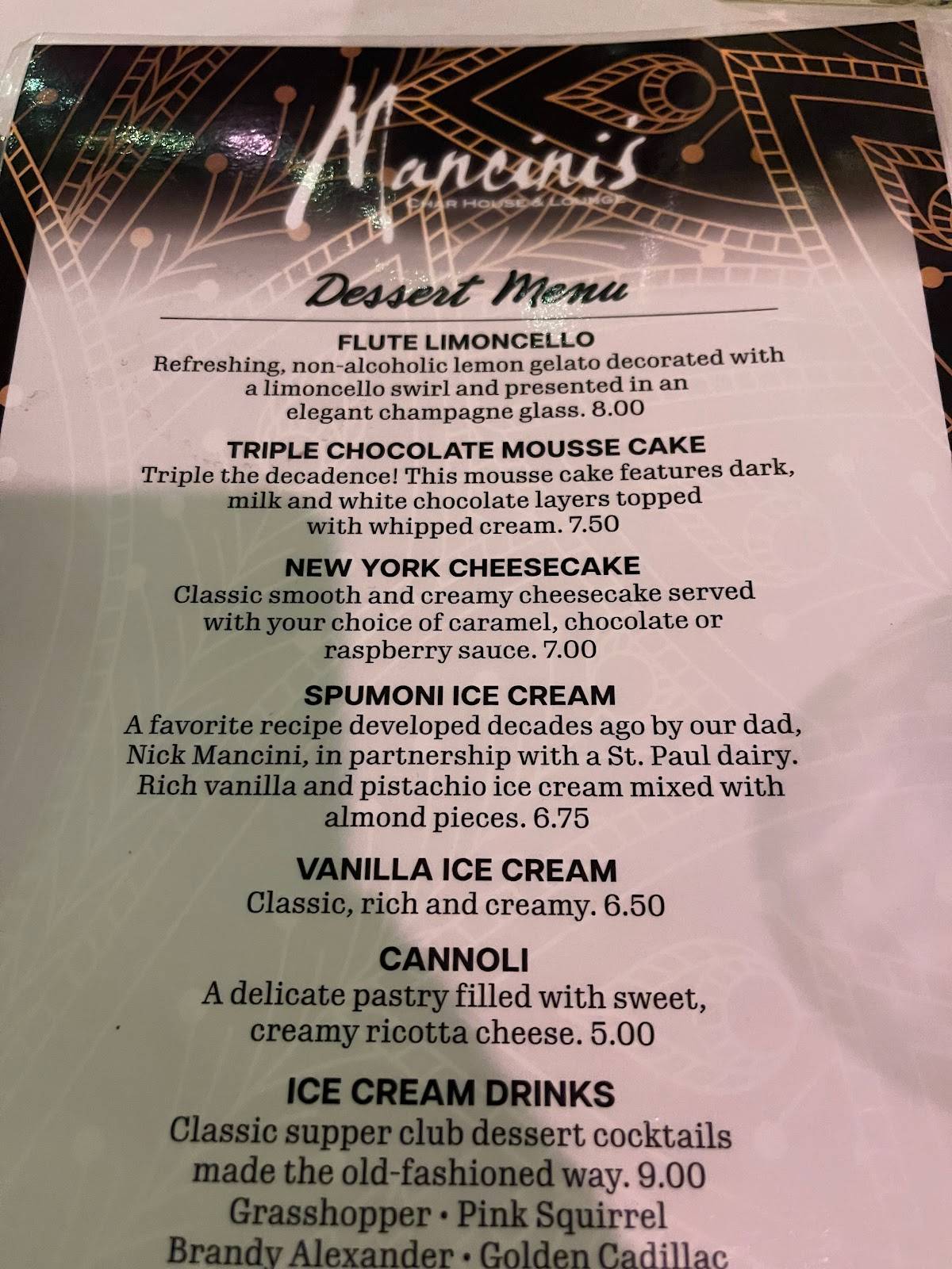 Menu at Mancini’s Char House steakhouse, Saint Paul