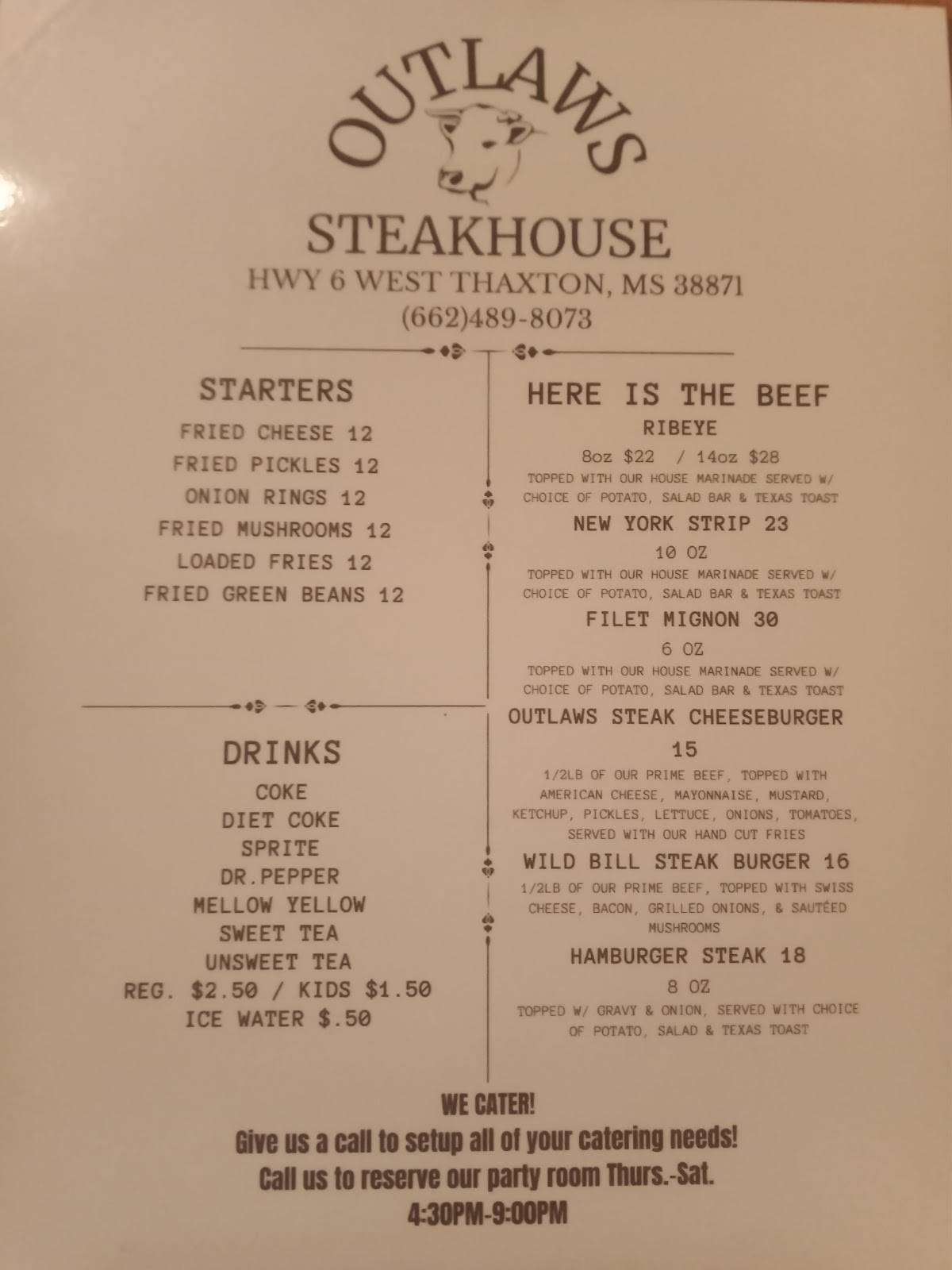 Menu at Outlaws Steakhouse, Thaxton