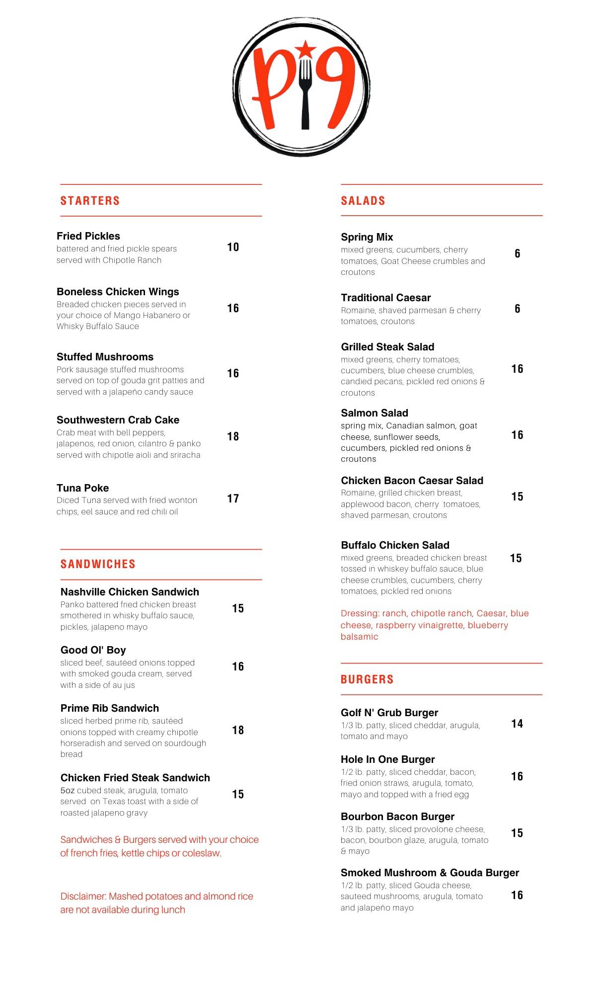 Menu at Prime On The Nine steakhouse, Dodge City