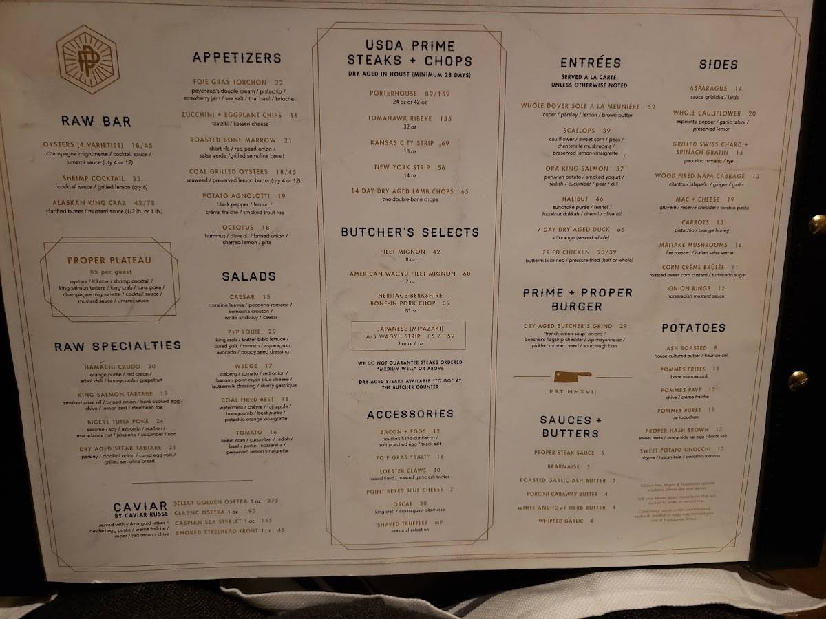 Menu at Prime + Proper steakhouse, Detroit
