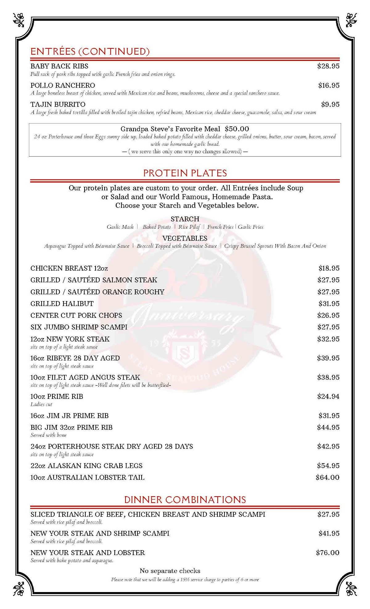 Menu at Steven's Steak & Seafood House steakhouse, Commerce