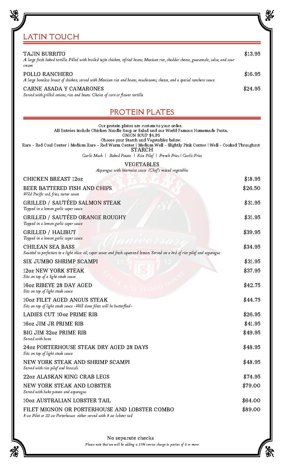 Menu at Steven's Steak & Seafood House steakhouse, Commerce