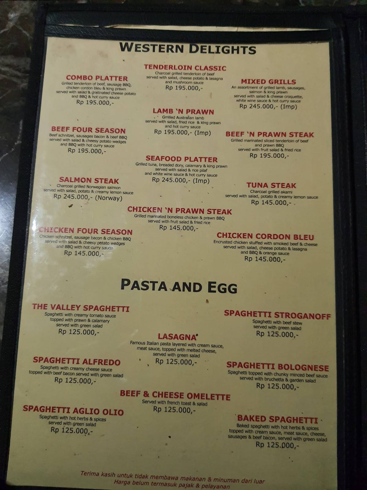 Menu at The Valley Bistro Café steakhouse, Bandung, Pakar