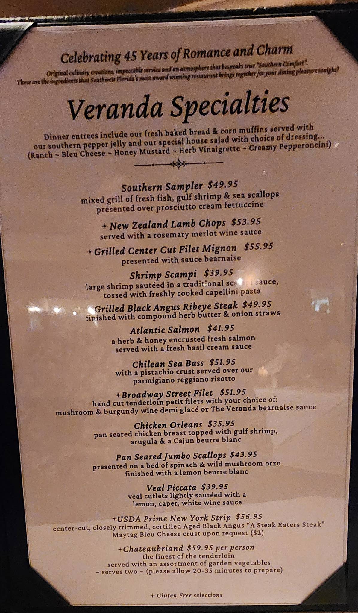 Menu at The Veranda steakhouse, Fort Myers