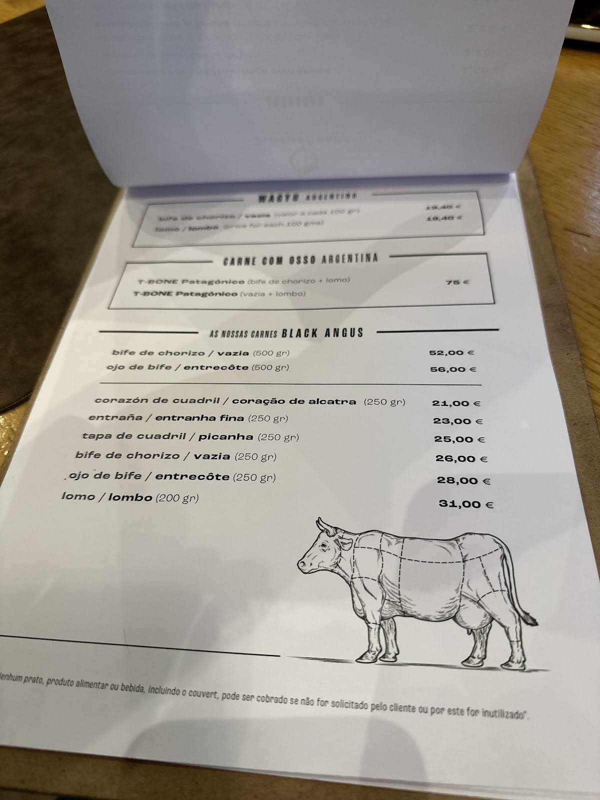 Menu em Tinto & Brasa Parrilla Argentina churrascaria, Lisboa
