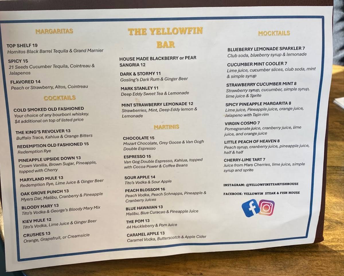 Menu at Yellowfin Steak & Fish House, Edgewater Maryland steakhouse ...
