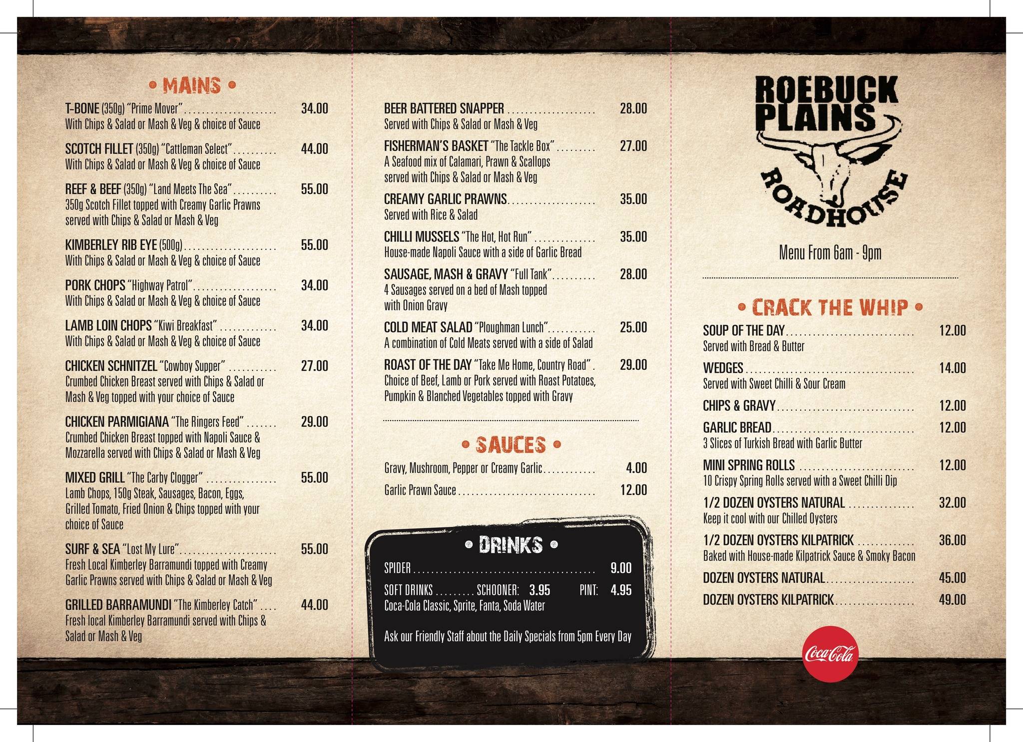 Menu at Roebuck Plains Roadhouse restaurant, Australia