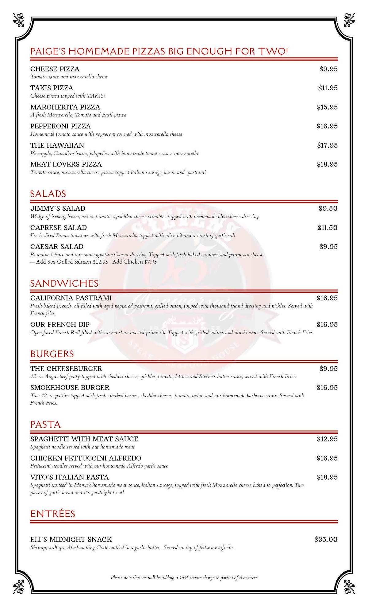 Menu at Steven's Steak & Seafood House steakhouse, Commerce