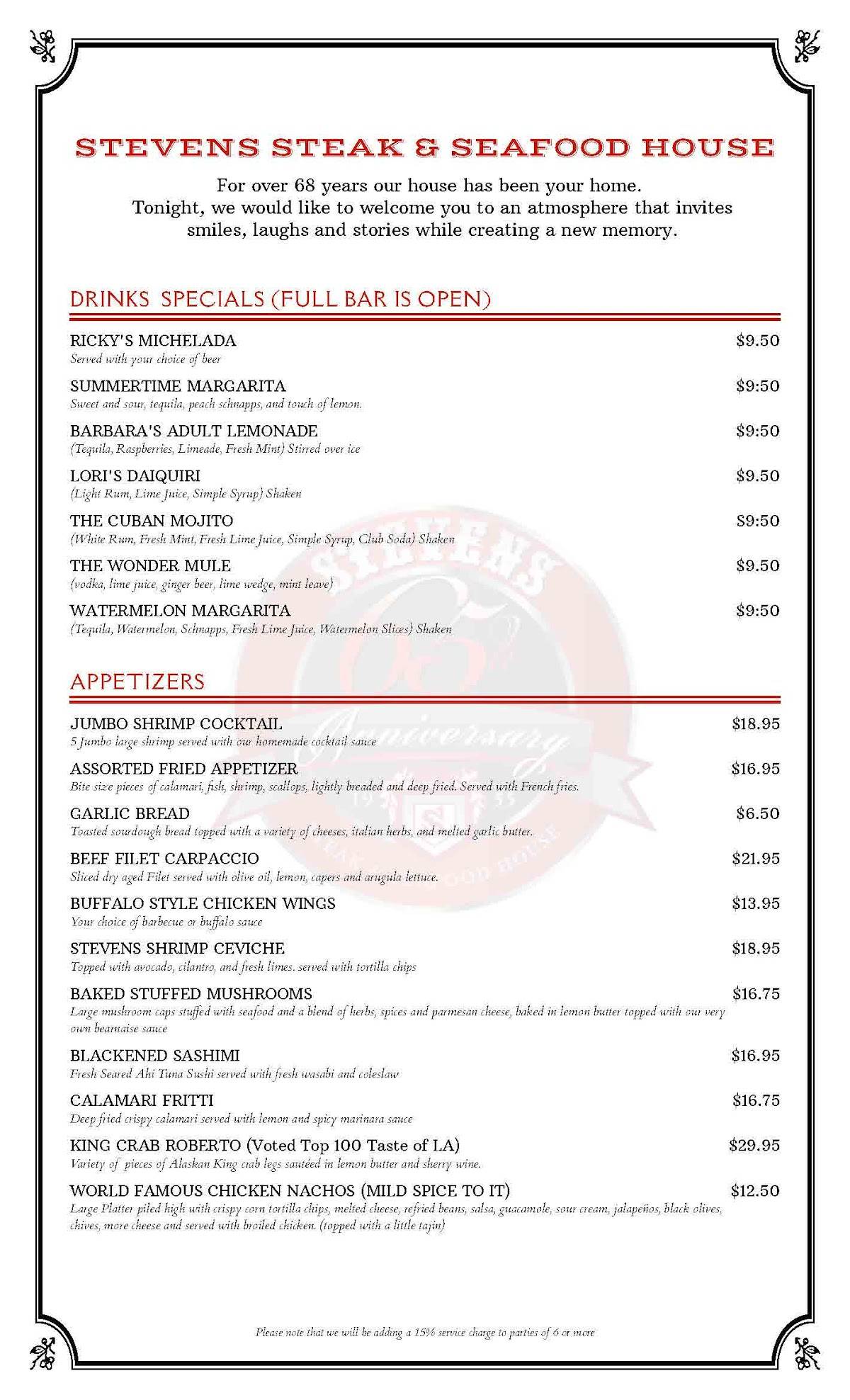 Menu at Steven's Steak & Seafood House steakhouse, Commerce