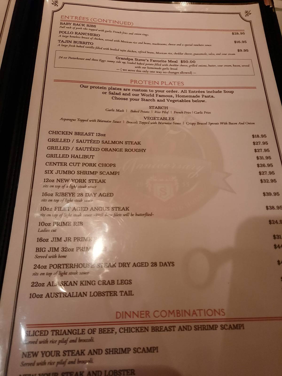 Menu at Steven's Steak & Seafood House steakhouse, Commerce
