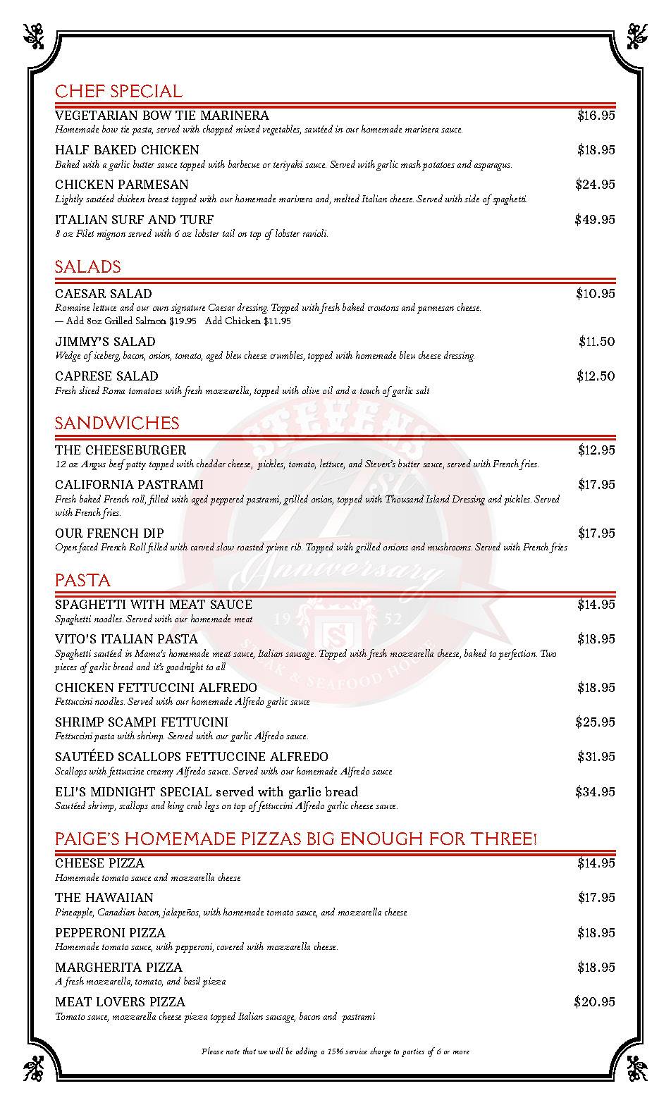 Menu at Steven's Steak & Seafood House steakhouse, Commerce