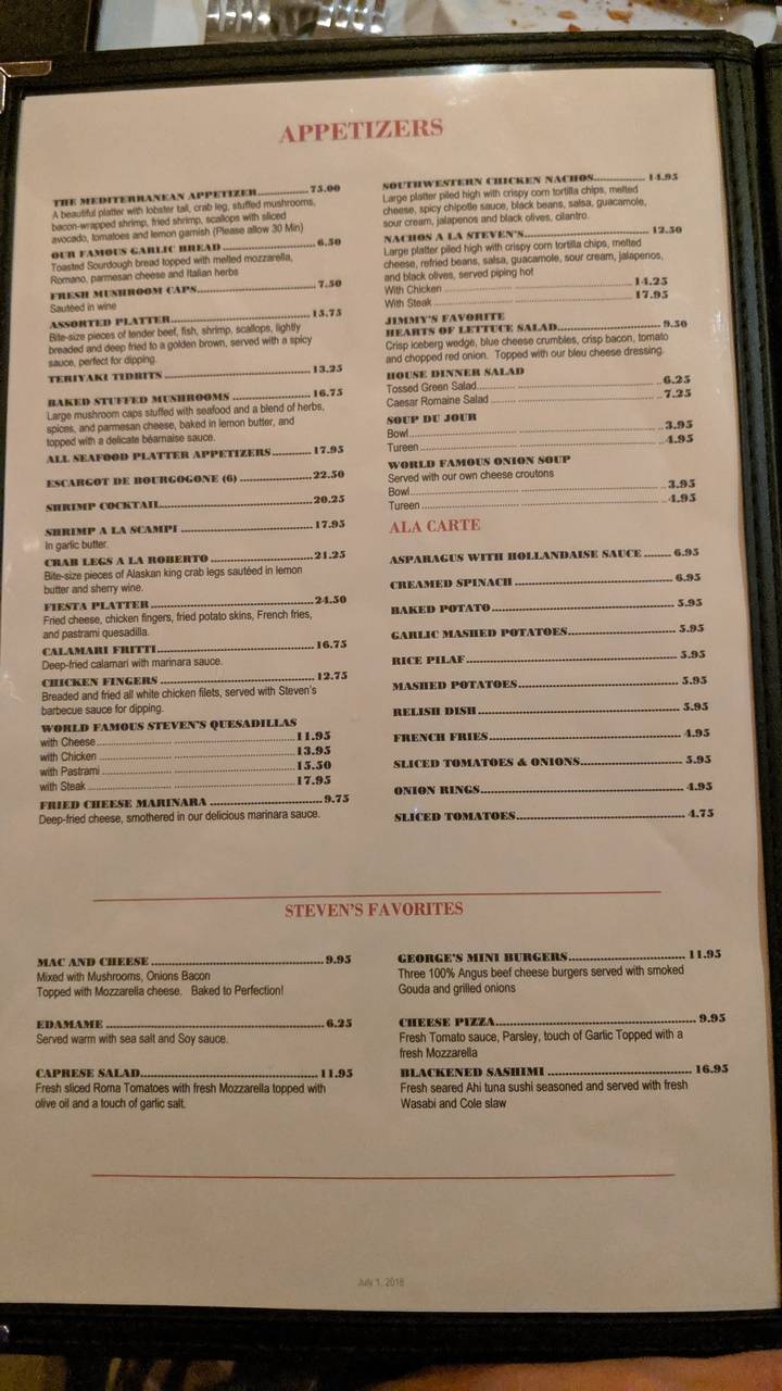 Menu at Steven's Steak & Seafood House steakhouse, Commerce