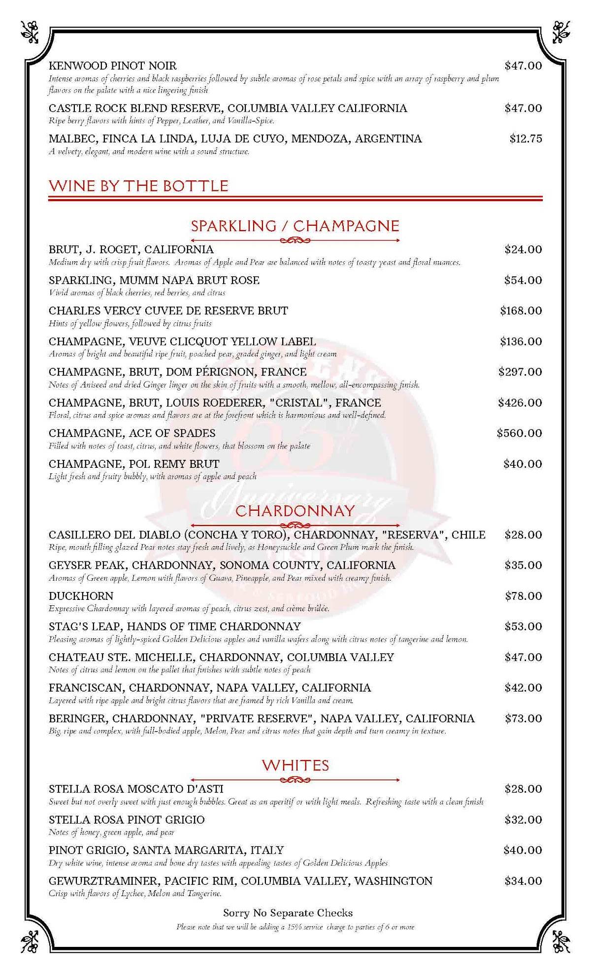 Menu at Steven's Steak & Seafood House steakhouse, Commerce