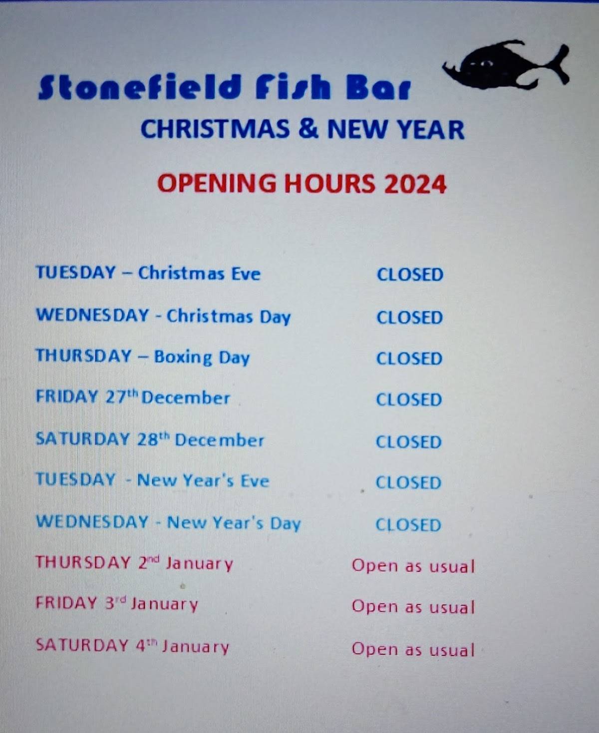 Menu at Stonefield Fish Bar, Stone