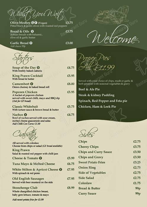 Menu at Stonehenge Inn pub & bar, Amesbury