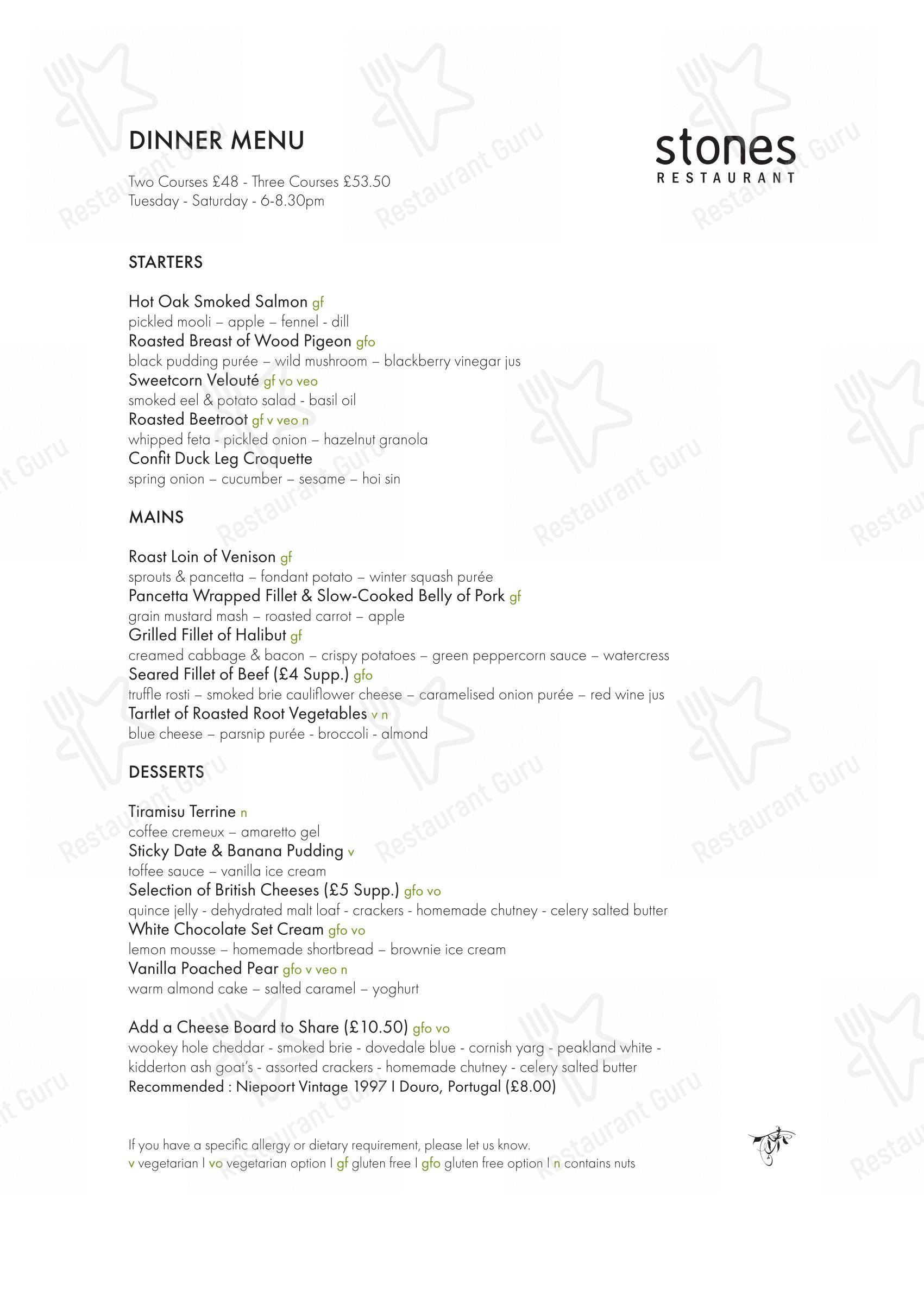 Menu at Stones restaurant, Matlock