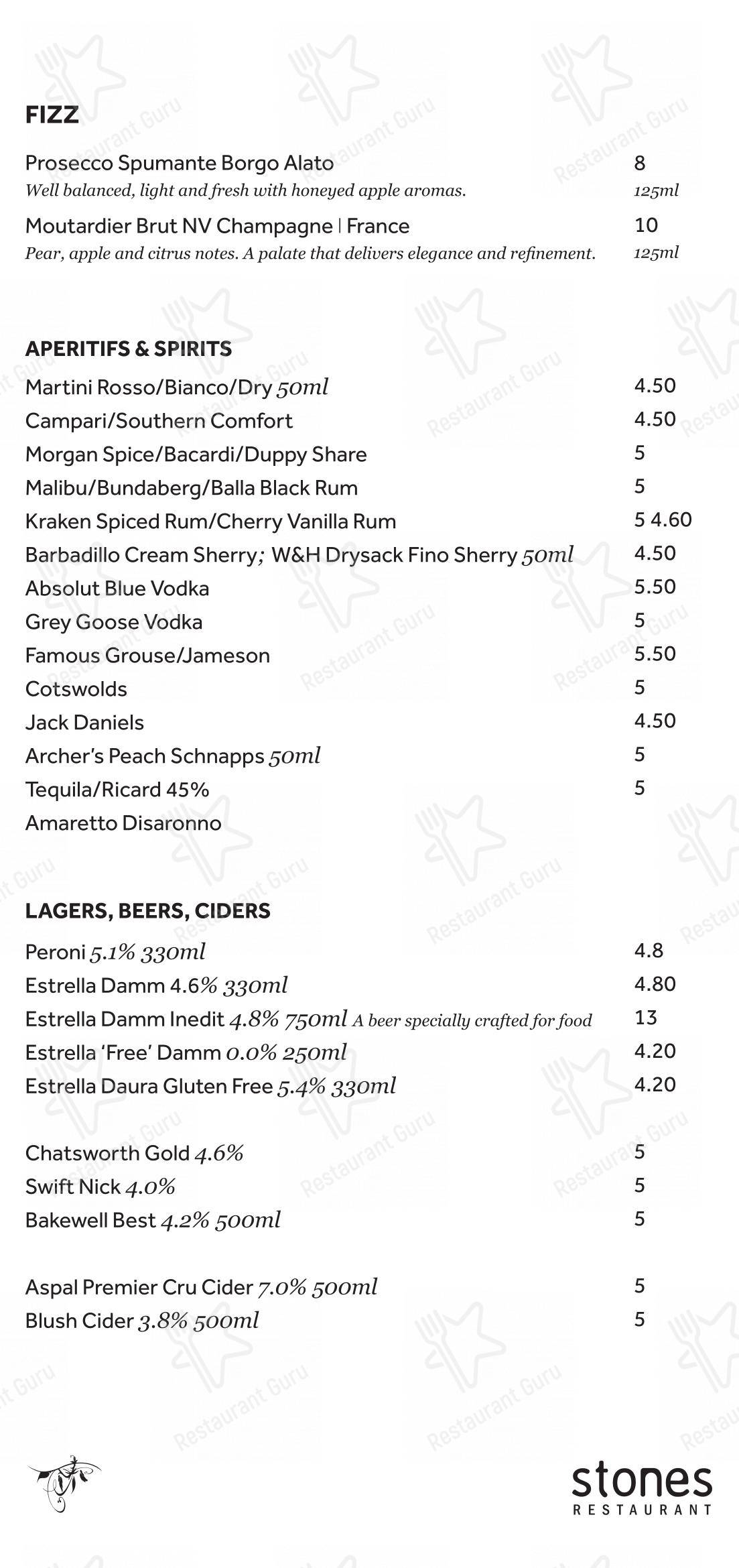 Menu at Stones restaurant, Matlock