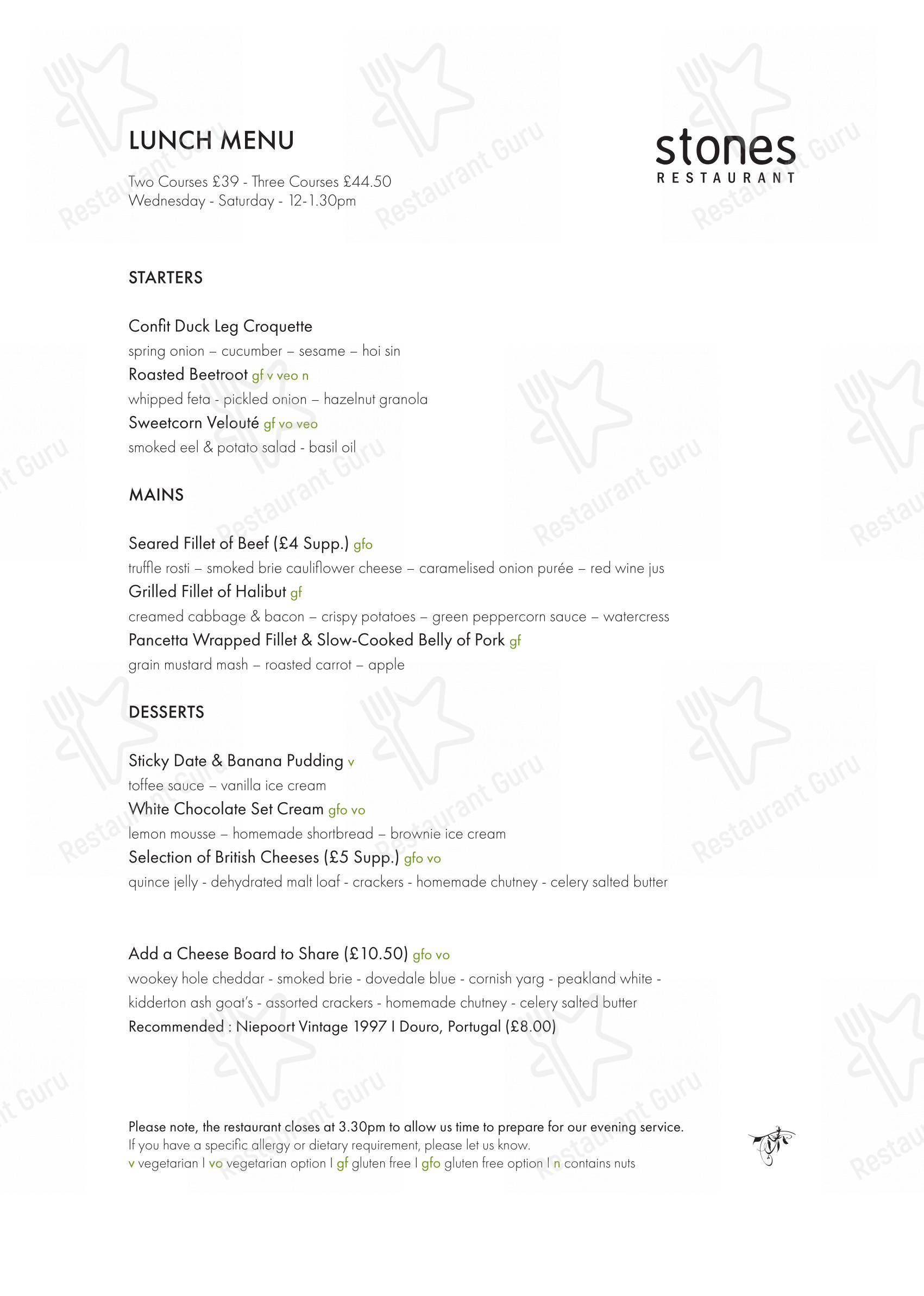 Menu at Stones restaurant, Matlock