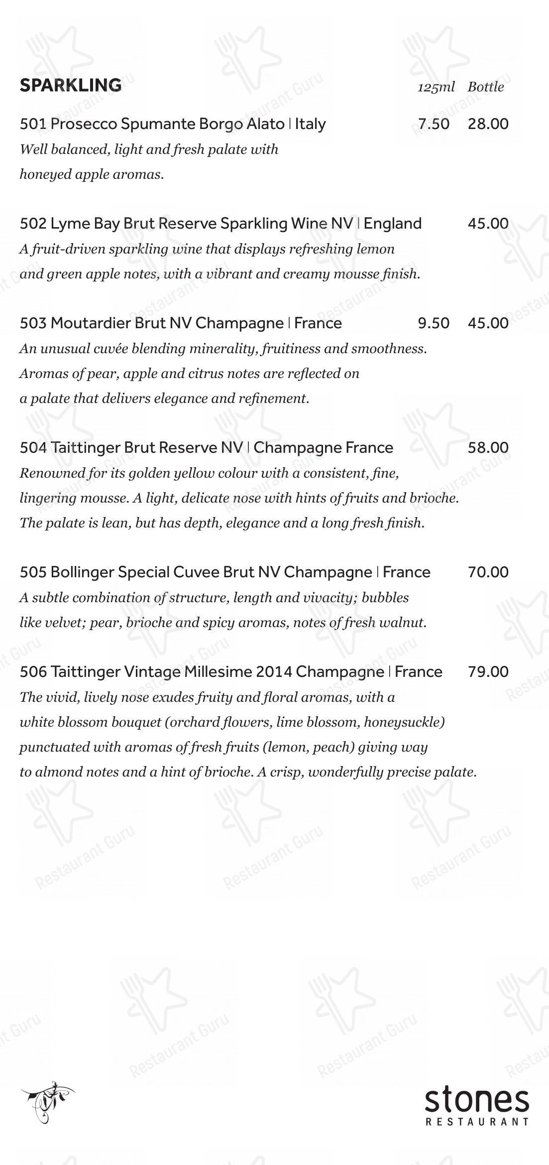 Menu at Stones restaurant, Matlock