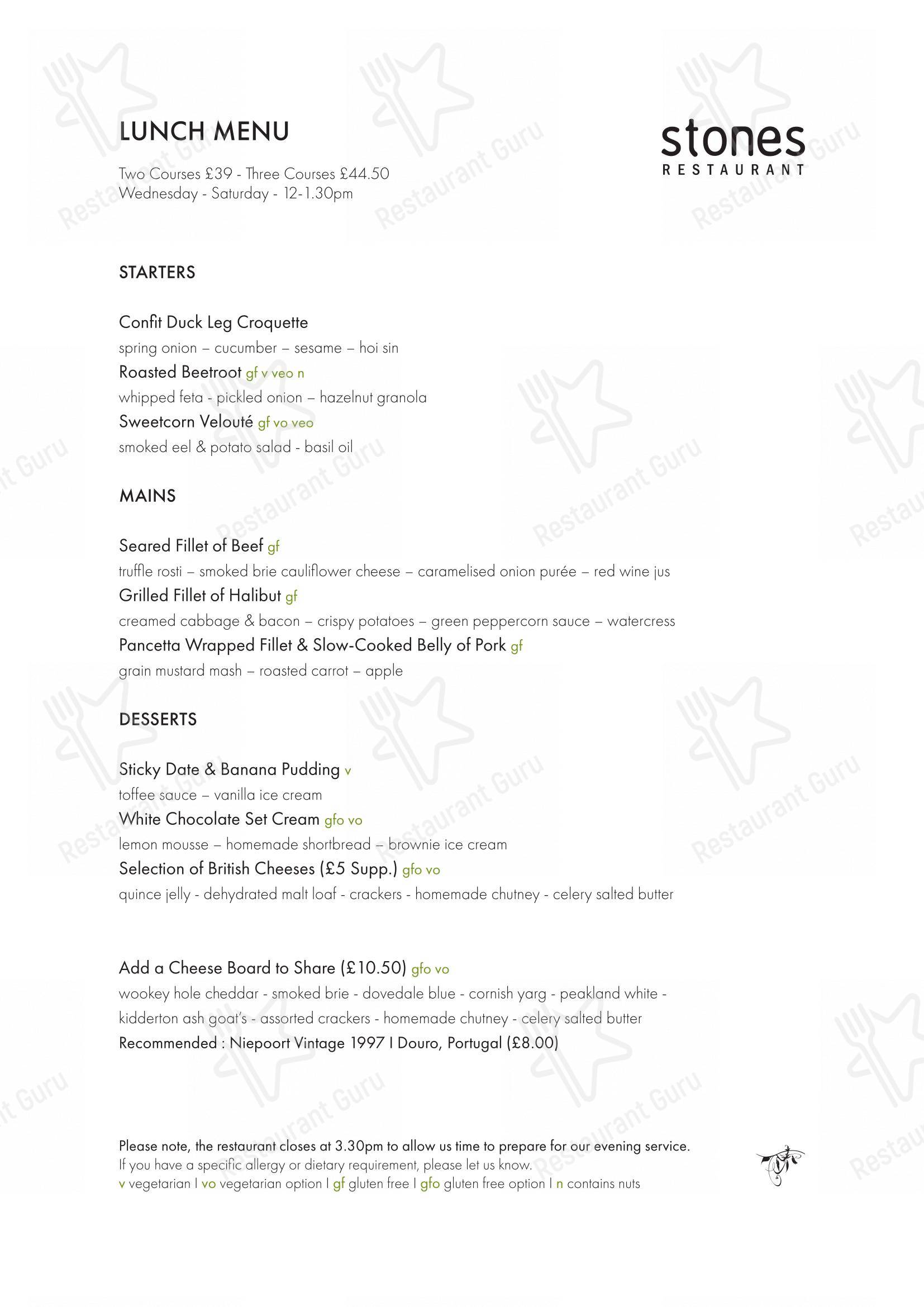 Menu at Stones restaurant, Matlock