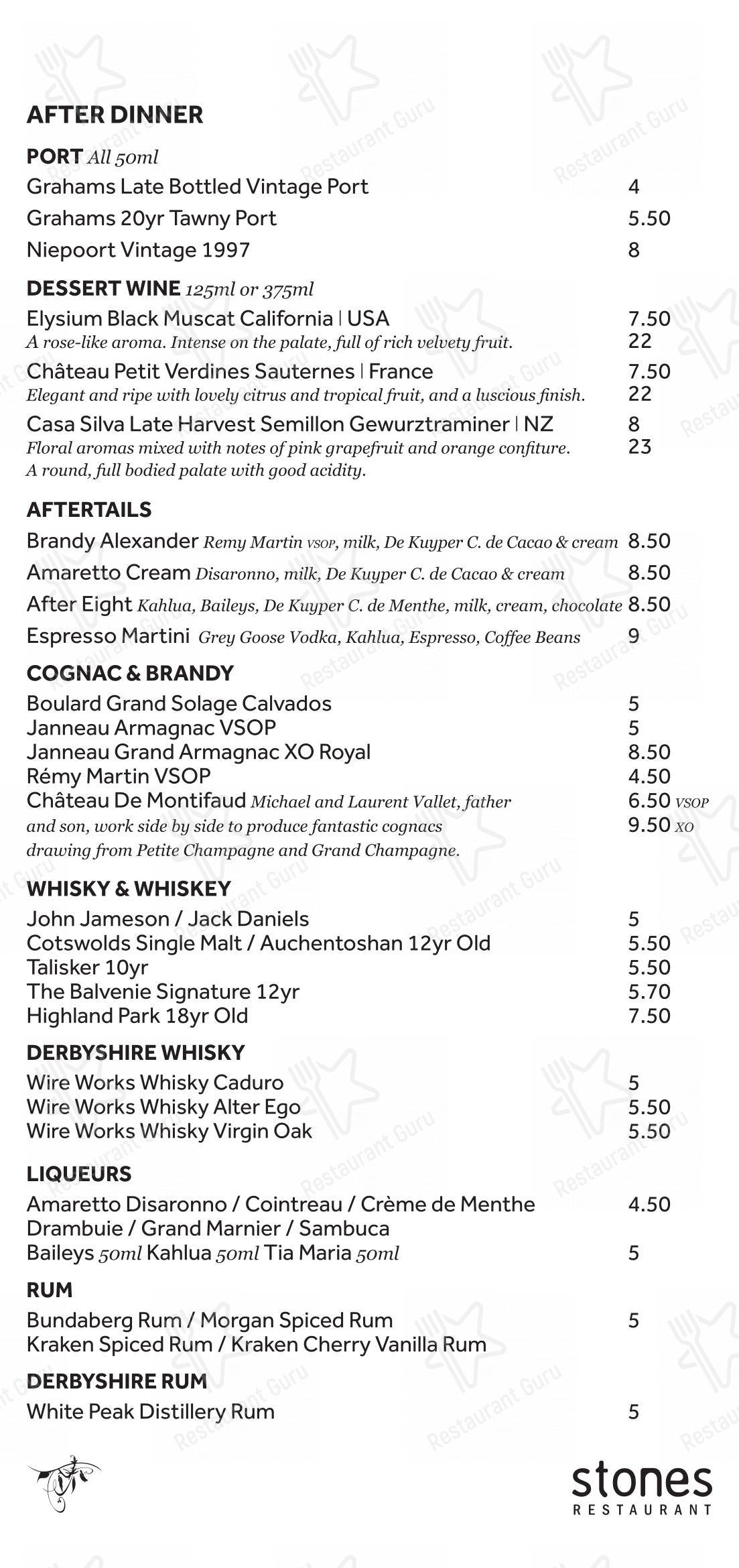 Menu at Stones restaurant, Matlock