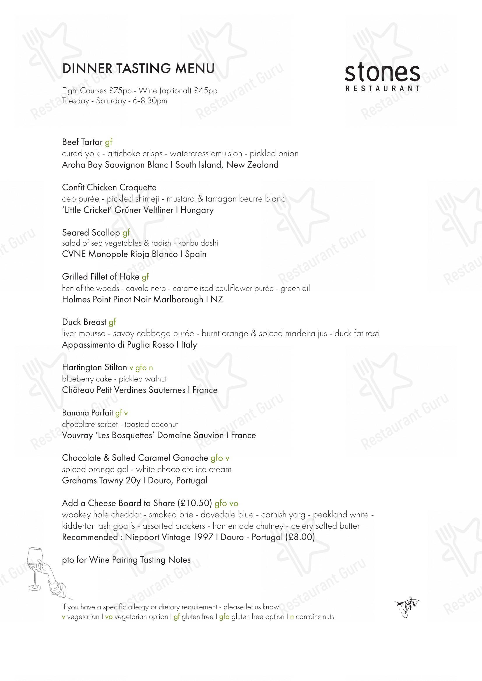 Menu at Stones restaurant, Matlock