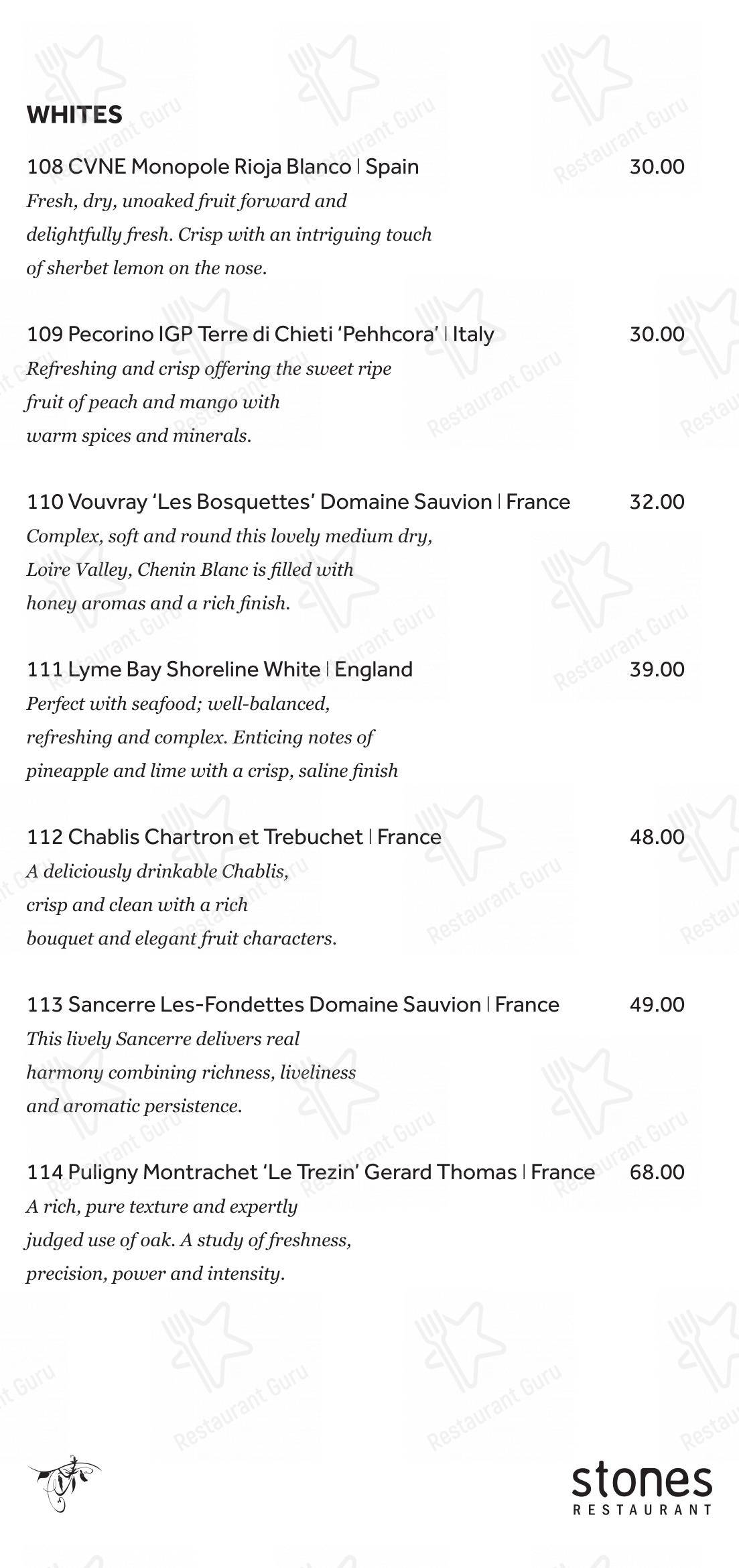 Menu at Stones restaurant, Matlock