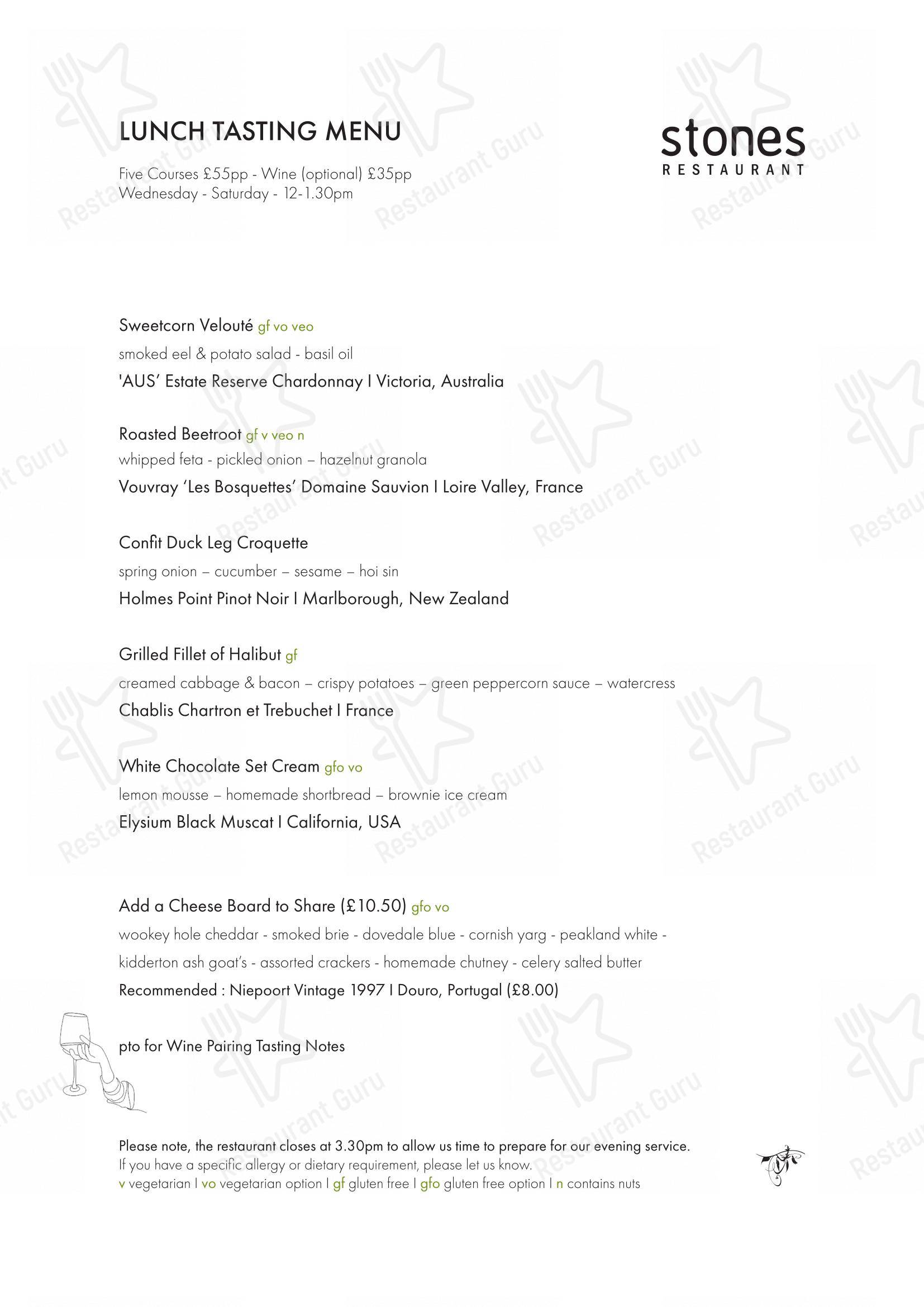 Menu at Stones restaurant, Matlock