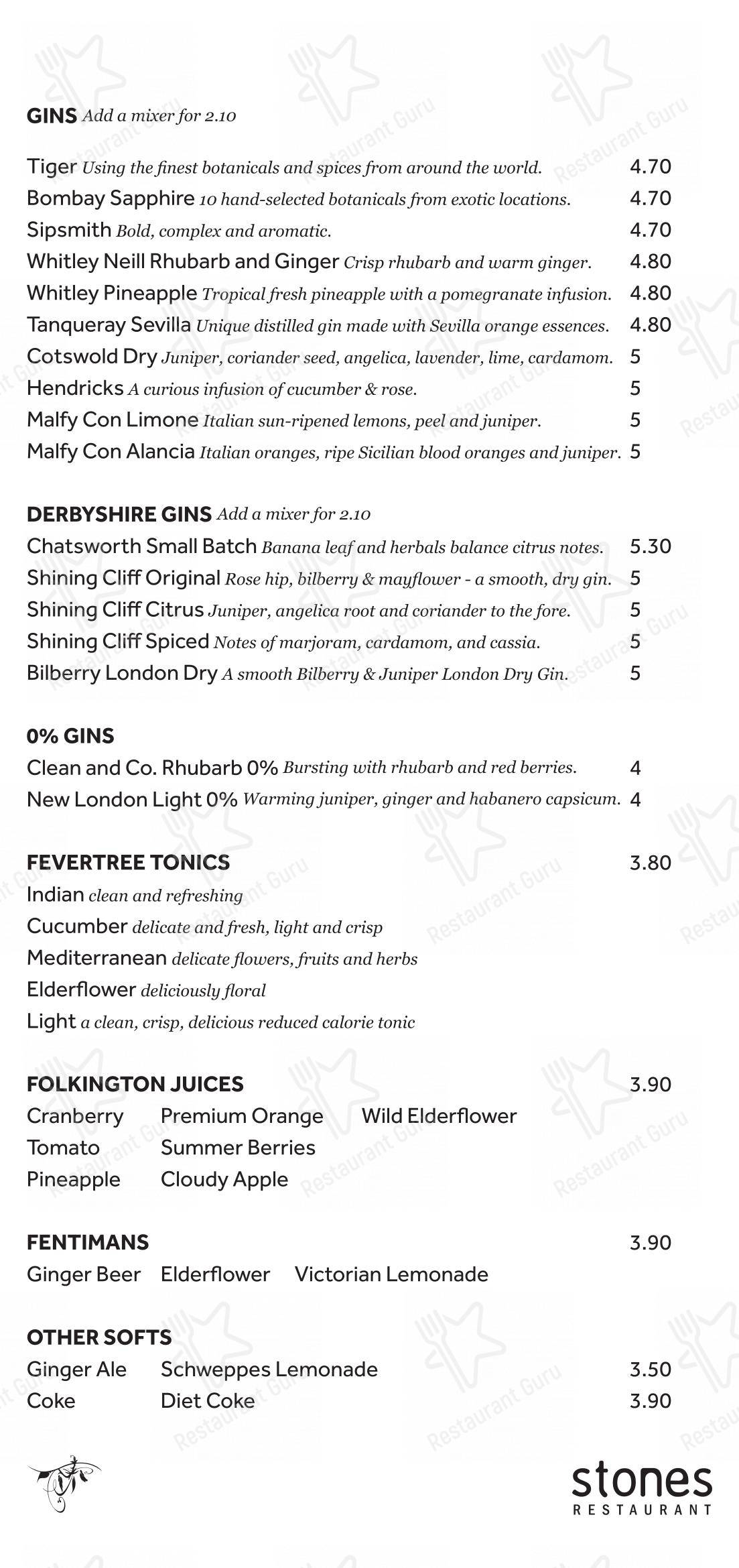 Menu at Stones restaurant, Matlock