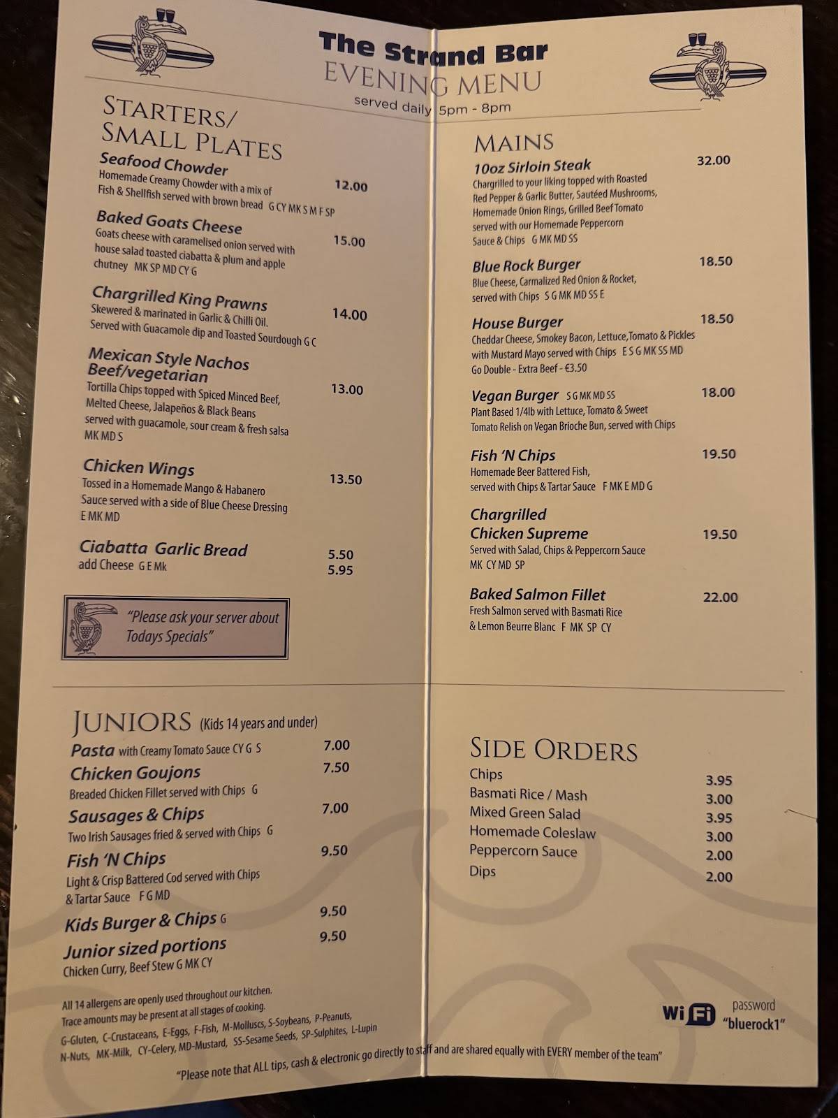 Menu at The Strand Bar, Strandhill