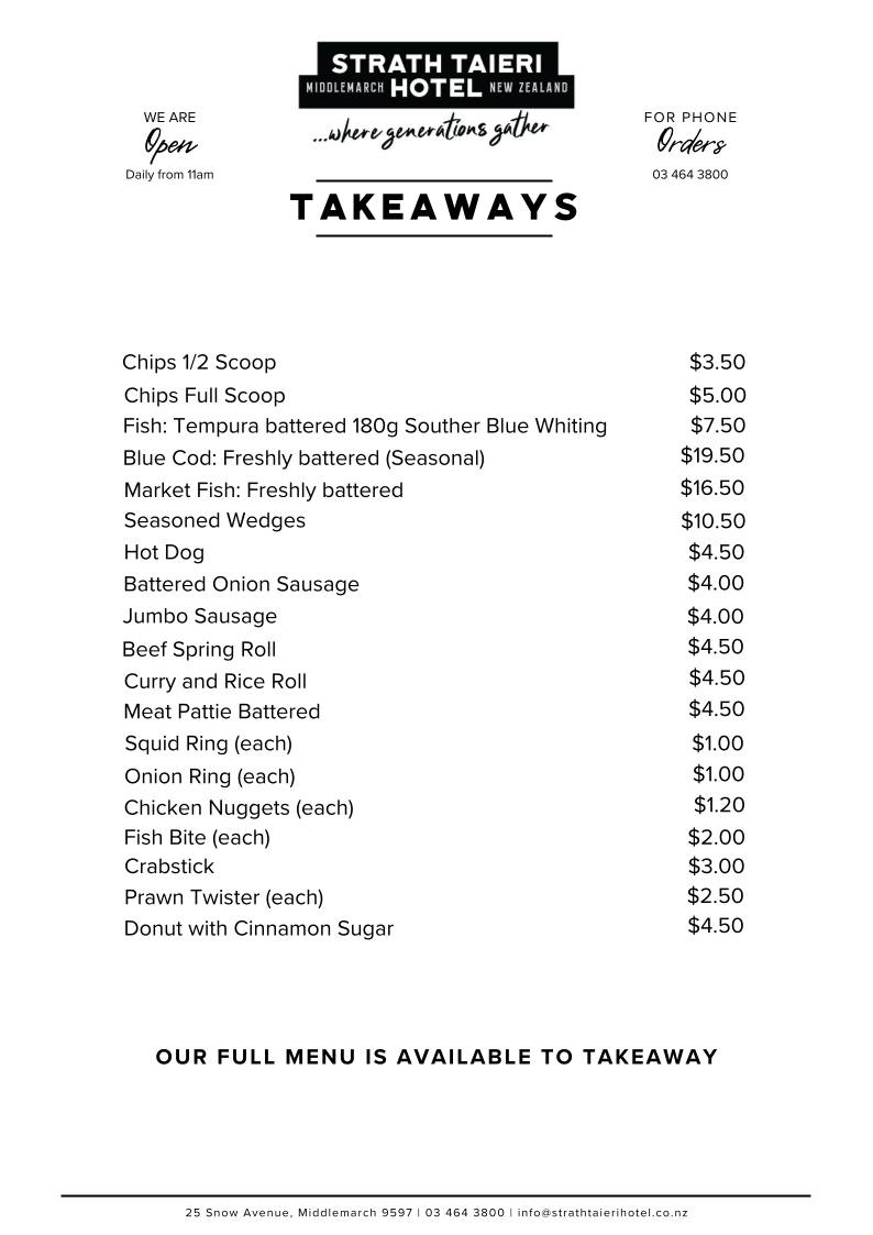 Menu at Strath Taieri Hotel pub & bar, Middlemarch