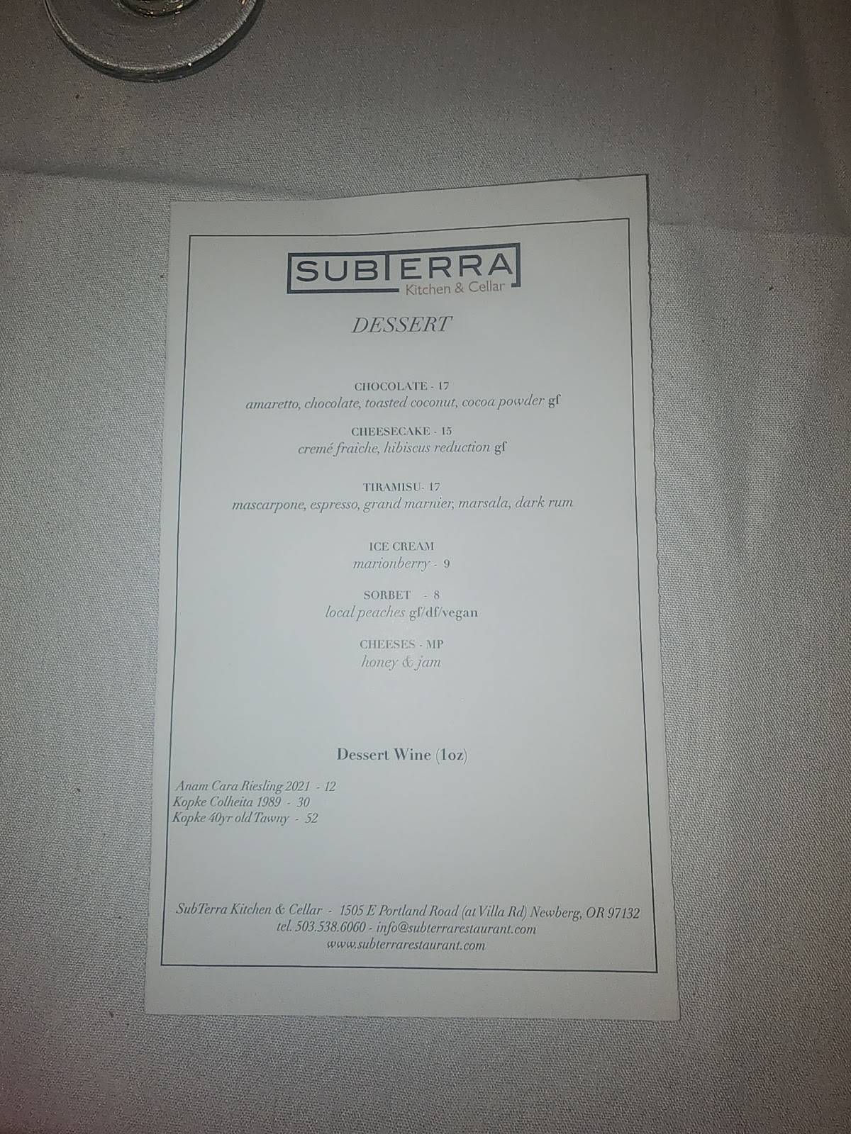 Menu at SubTerra Kitchen & Cellar restaurant, Newberg, E Portland Rd