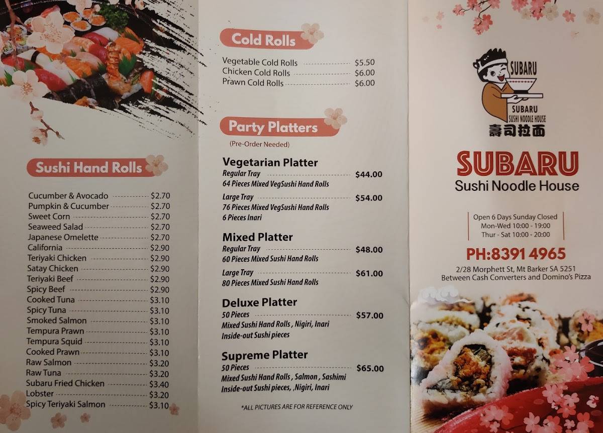 Menu at Subaru Sushi and Noodle Bar, Mount Barker, 2/28 Morphett St
