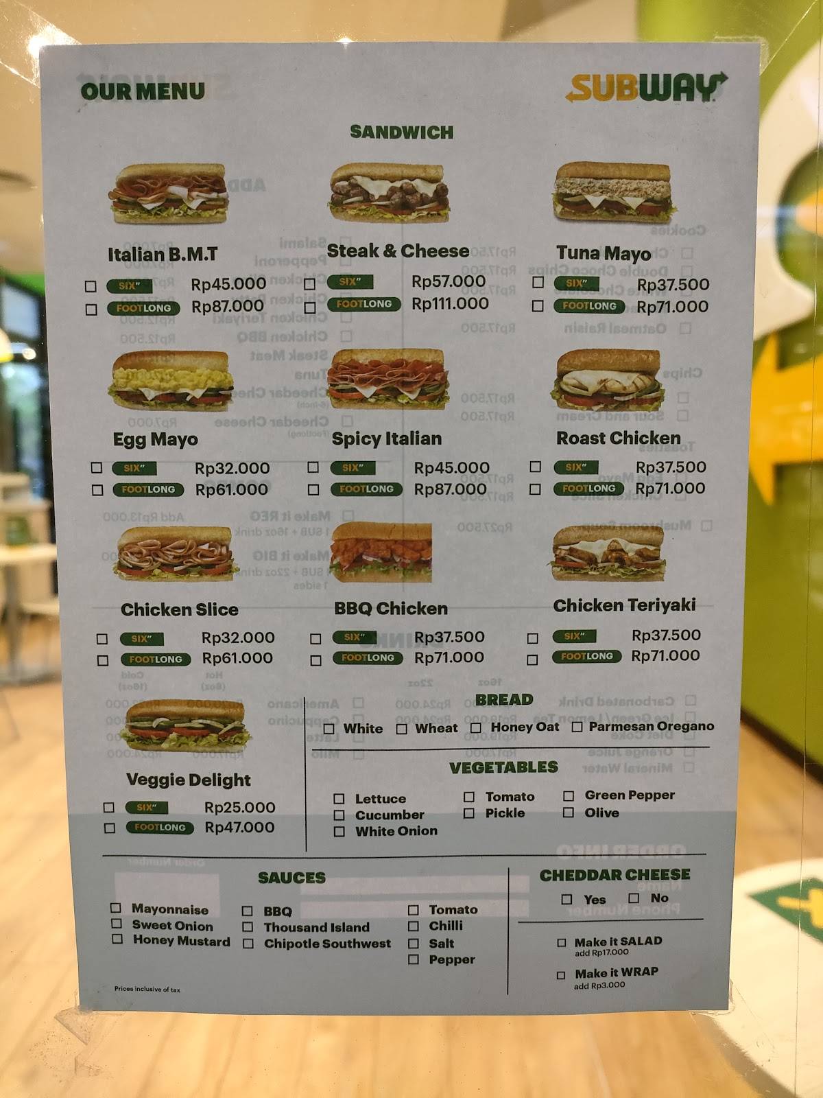 Menu at SUBWAY - Lippo Mall Puri restaurant, West Jakarta, RP6Q+FGW
