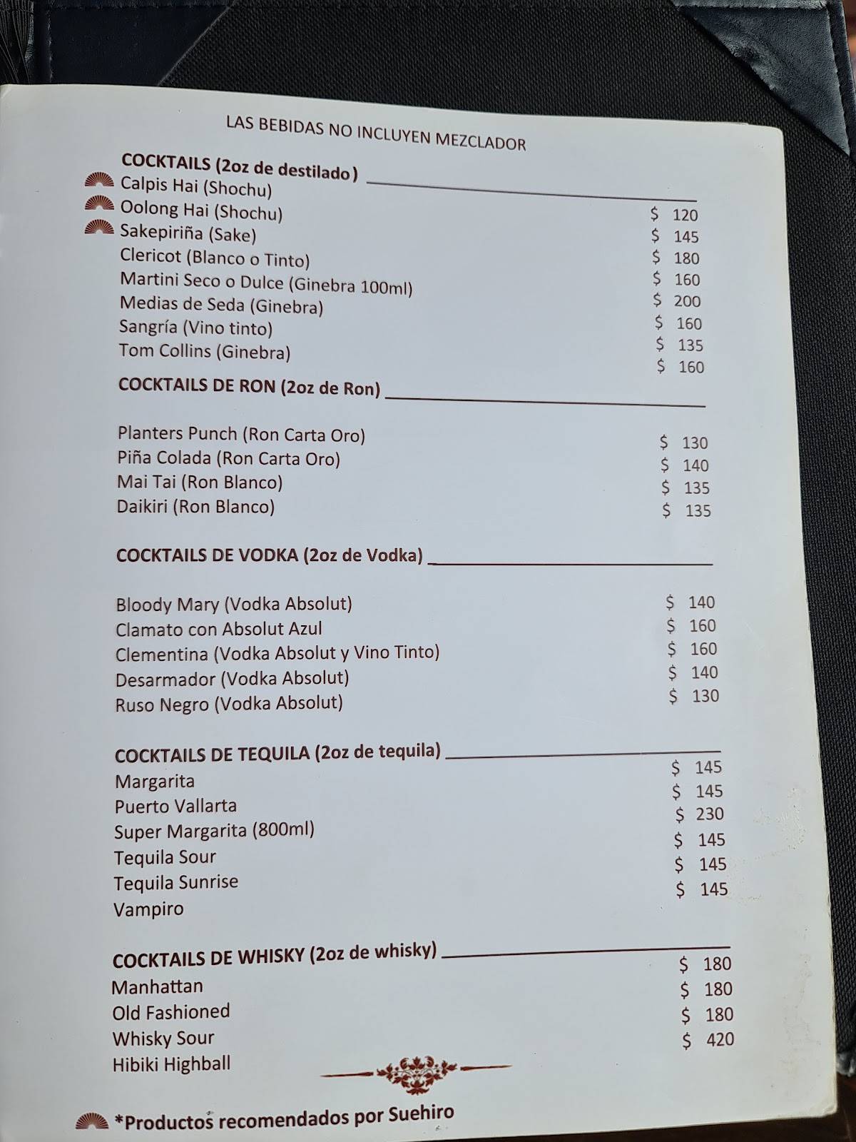 Menu at Suehiro restaurant, Guadalajara