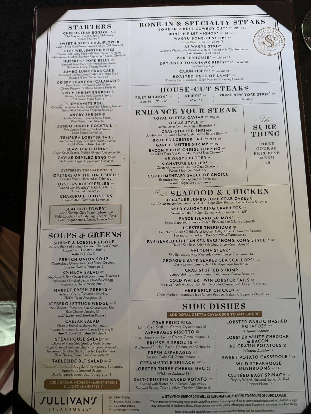 Menu at Sullivan's Steakhouse, Little Rock