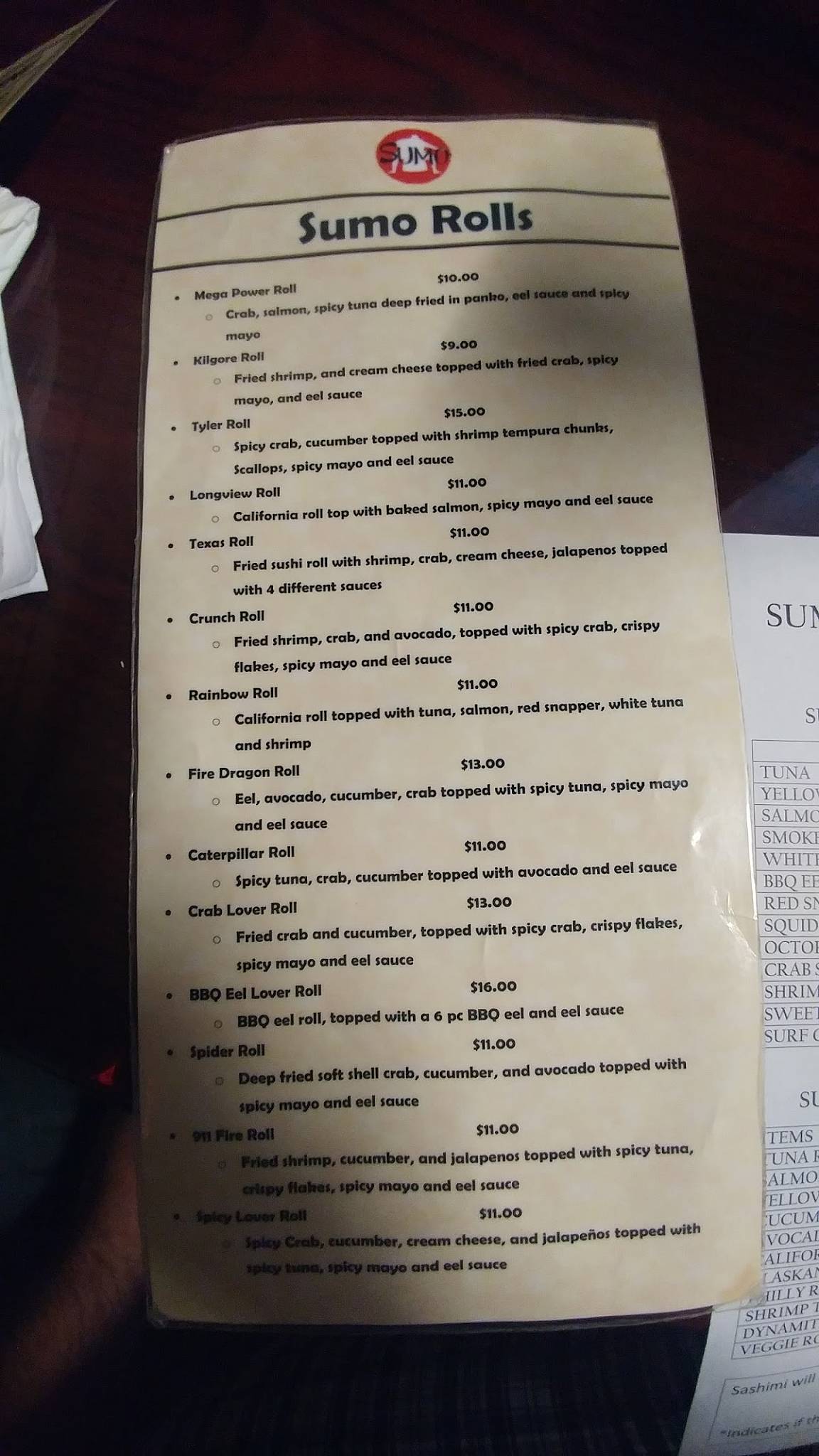 Menu at Sumo Japanese Restaurant, Longview