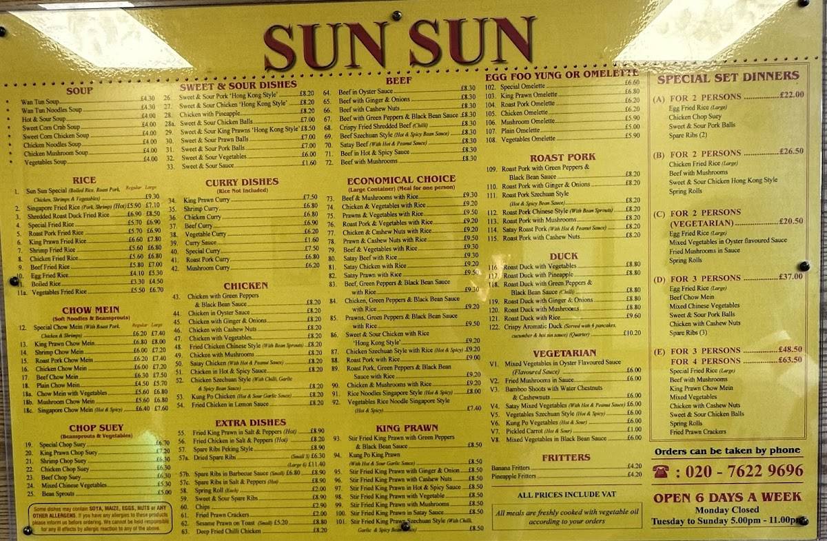 Menu at Sun Sun fast food, London, 94 Clapham High St