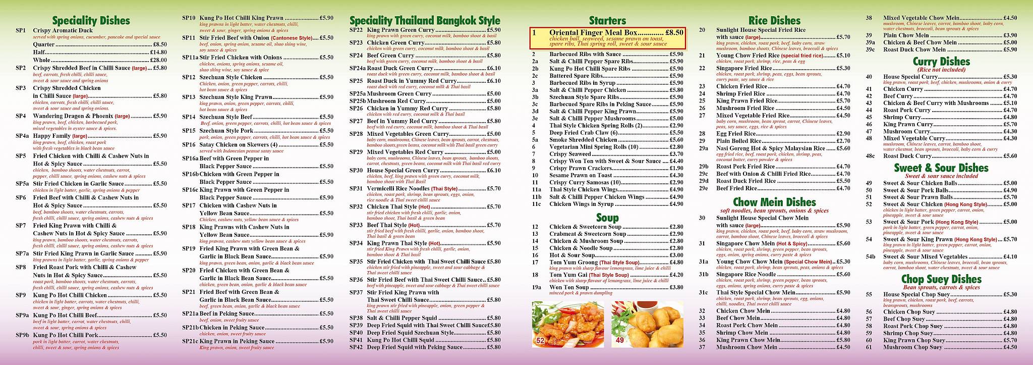 Menu at Sunlight Chinese Takeaway fast food, Donington