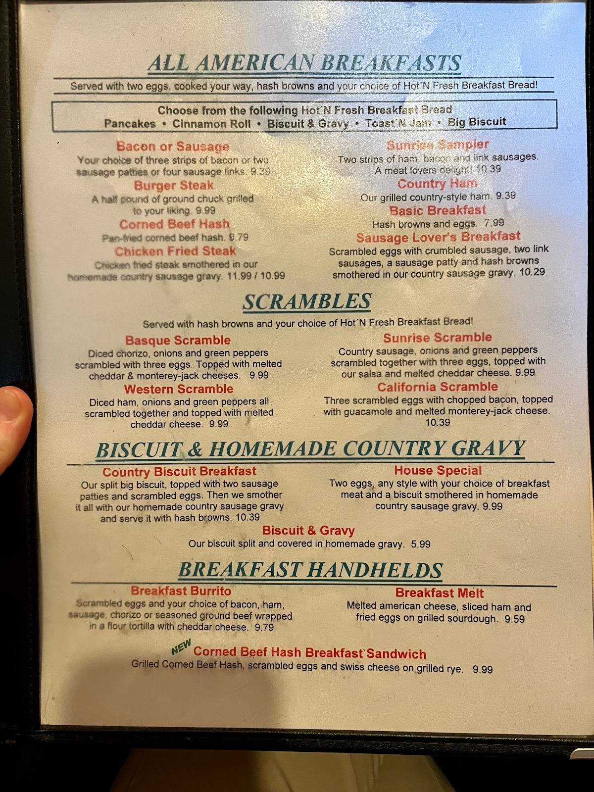 Menu at Sunrise Inn restaurant, Nampa