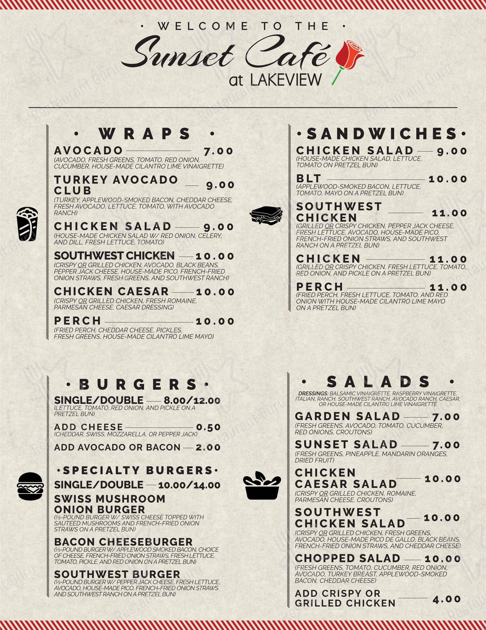 Menu at Sunset Café at Lakeview Park (formerly Rose Café) restaurant ...