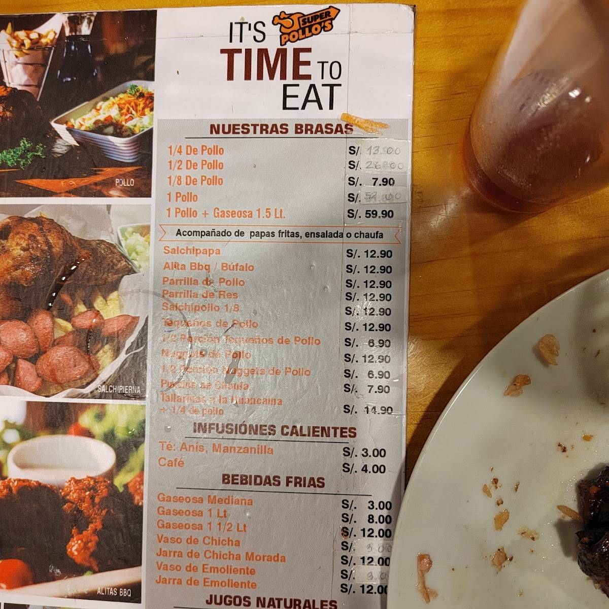 Menu at Super Pollo's restaurant, Miraflores