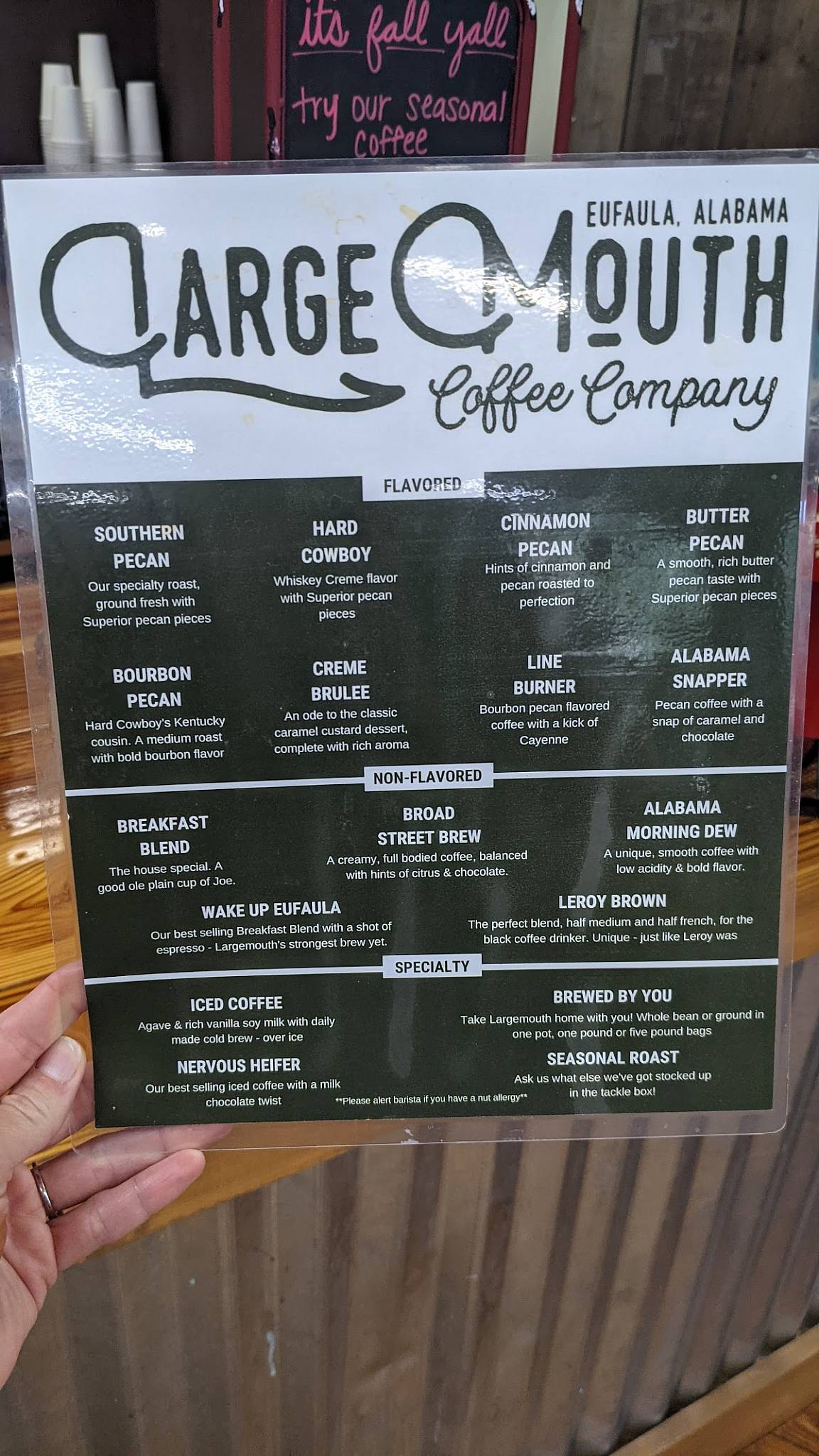 Carta del café Superior Pecans & Gifts, Eufaula