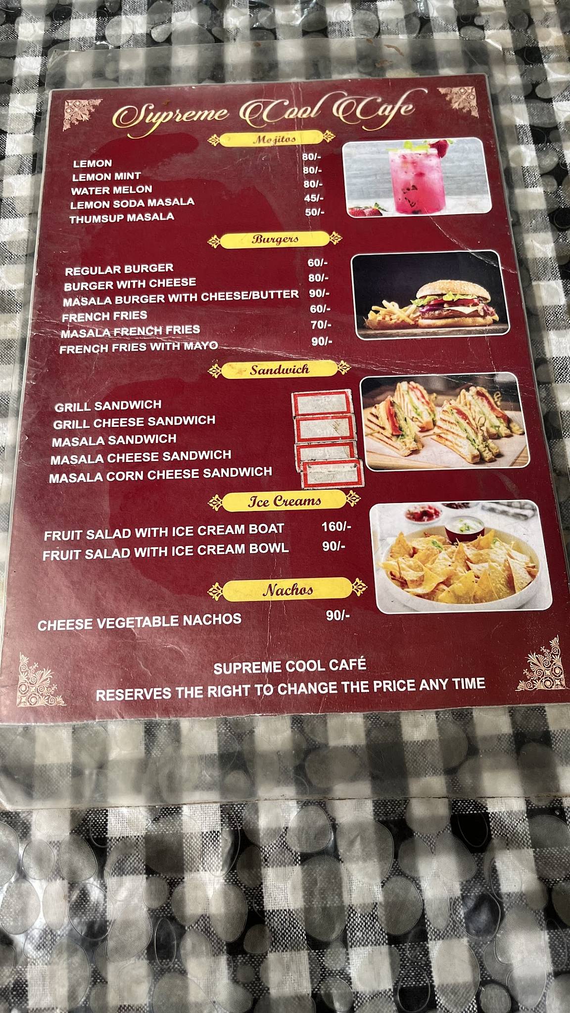 Menu at Supreme Cafeteria, Mysuru